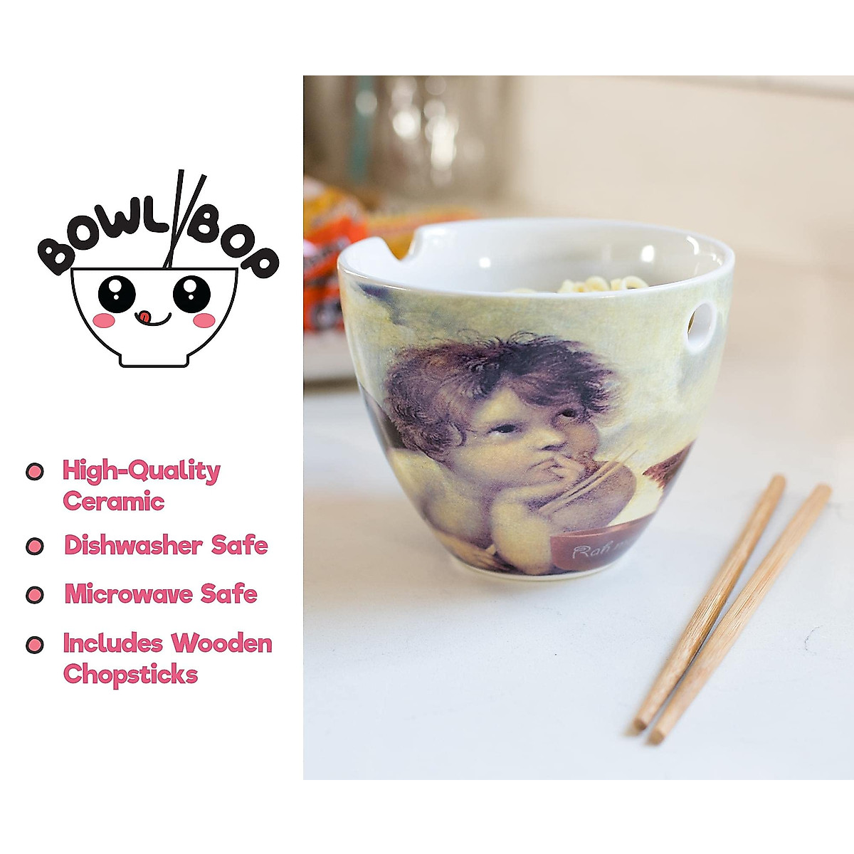 Bowl Bop Cherub Fine Art Japanese Ceramic Dinnerware Set | Includes 16-Ounce Ramen Noodle Bowl and Wooden Chopsticks | Asian Food Dish Set for Home & Kitchen