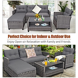 Tangkula 4 Pieces Rattan Conversation Set, Patiojoy Outdoor Furniture Set with Cushions, Lounge Sofa Set with Coffee Table, Patio Sectional Sofa Set for Patio Garden Poolside Backyard (Gray)