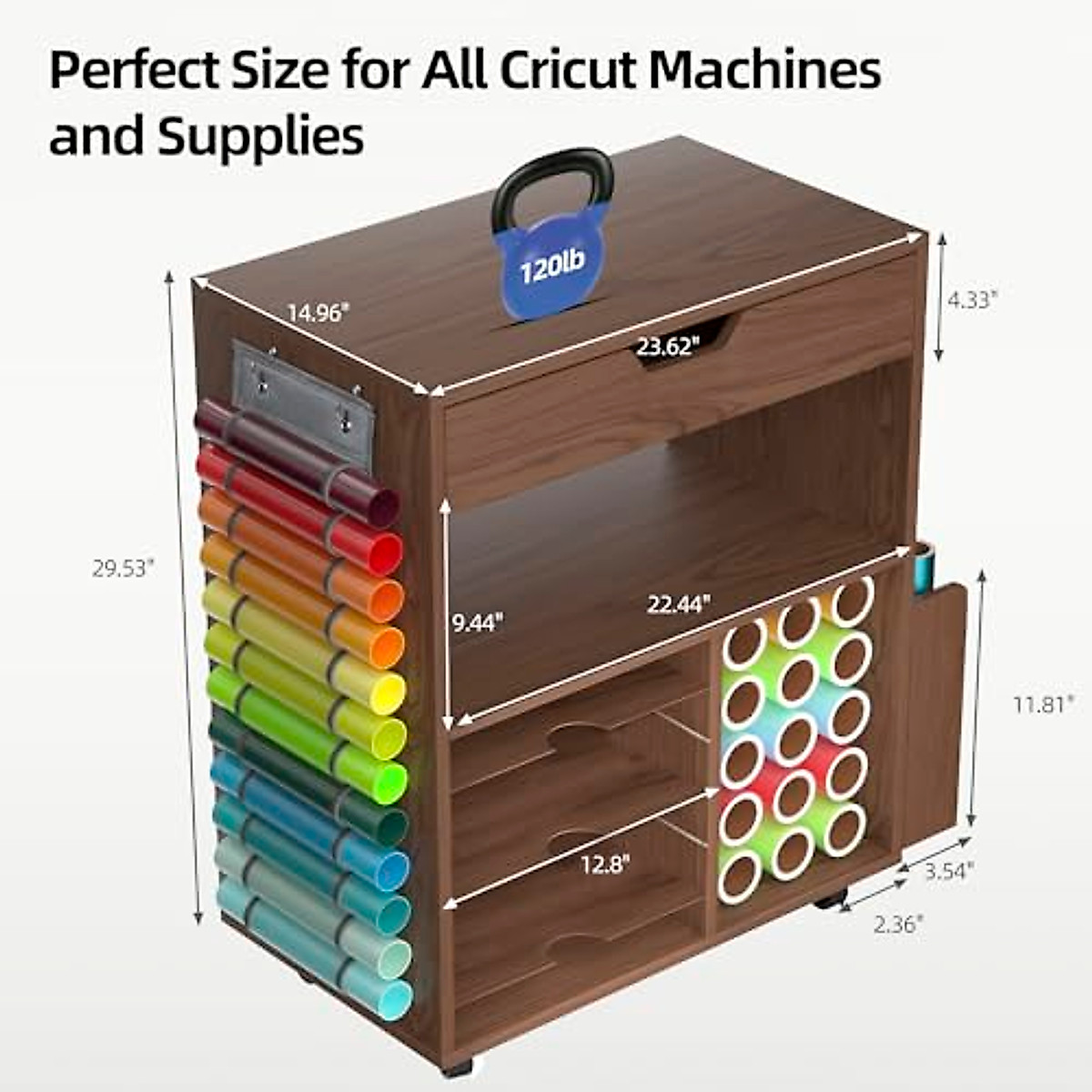 Storage Cart Organizer Compatible with Cricut Machines,Rolling Craft Cart with Extra 12 Vinyl Roll Holders,Crafting Organizer Desk Cabinet Workstation for Craft Room Home