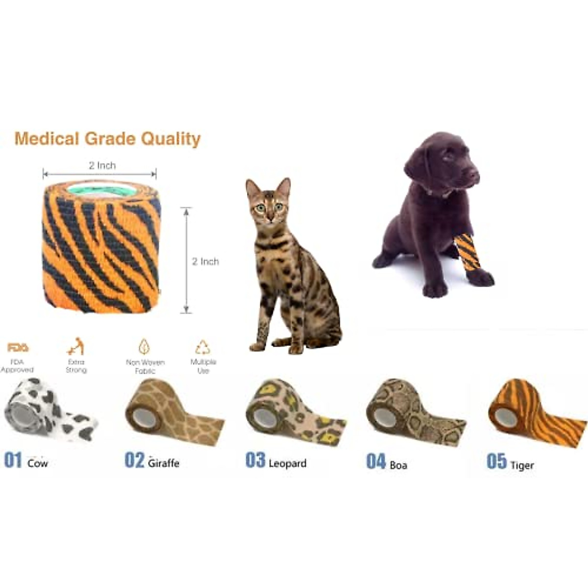 Bandage Wrap for Dogs, Cats, Horses, Pet, Farm Animals, Self Adhesive Vet Tape Gauze Breathable and Strong