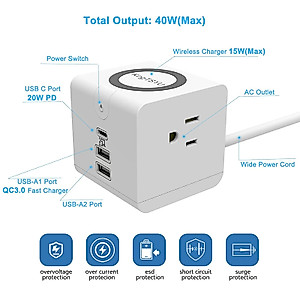 Power Strip with USB C Ports, KingTSYU Travel Surge Protector Tower Extension Cord with PD 20W/2USB A/2AC Outlets/Phone Wireless Charger,Fast Charging Power Delivery for Dorm Home Office