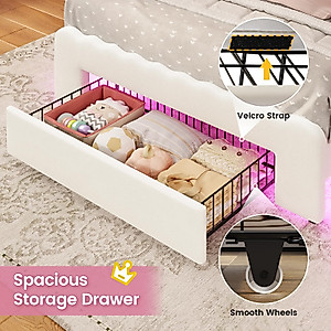 VIAGDO Twin Bed Frames with LED Lights and Storage Drawer, Upholstered Bed Frame Twin Size with Height Adjustable Crown Headboard, Type C and USB Charging Ports, No Box Spring Needed, White