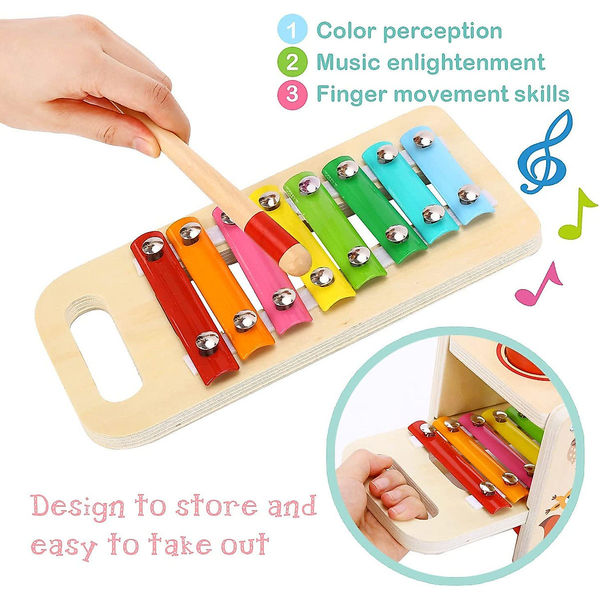 TOOKYLAND Pound a Ball Toy - 7pcs - Wooden Pounding and Hammering Bench with Xylophone; Educational Ball Drop Tap Game for Toddlers 1 Year Old +