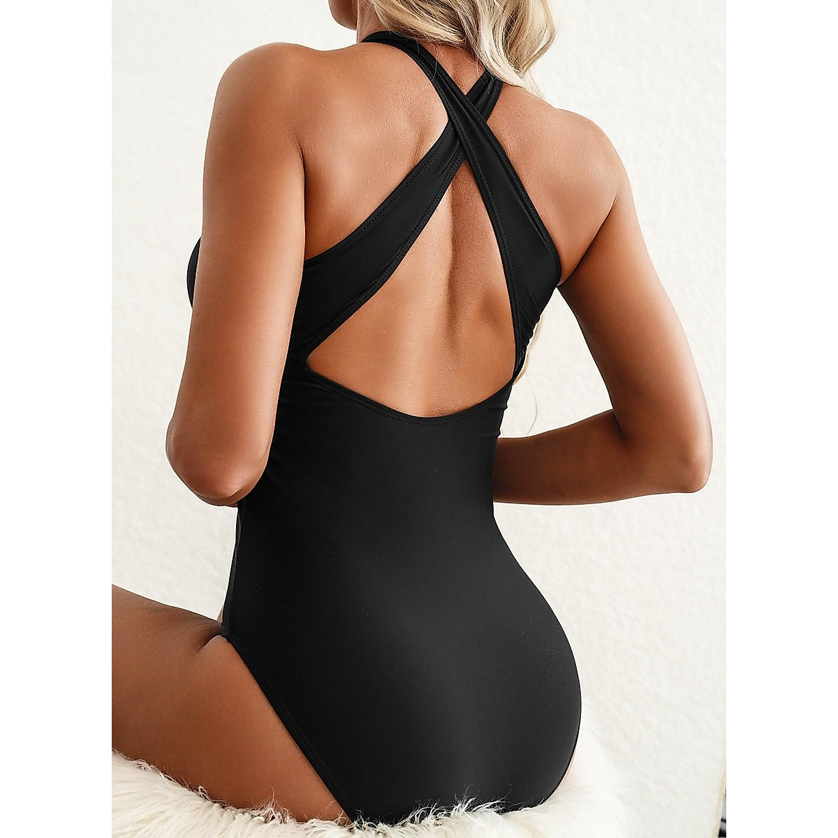 Herseas Women One Piece Swim Suit Women's Crisscross Back High Neck Sporty Training Plus Size Slimming Black Bathing Suit Medium 8 10