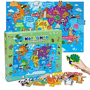 Taika World Felt Set, Felt World Map with World Famous Sights, Educational Play Mat Flannel Board Set, 43x28 inch Preschool Learning Flannel Board