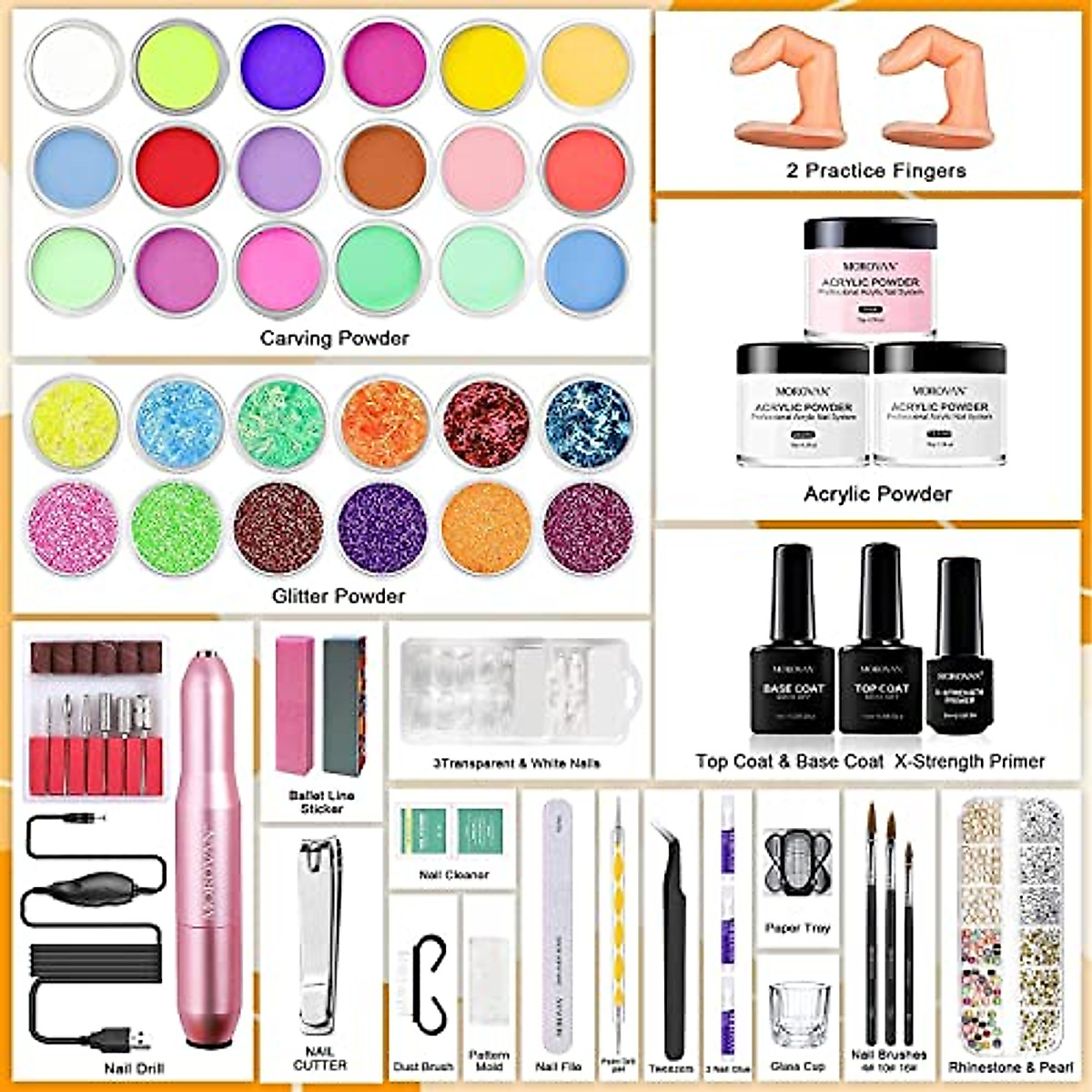 Morovan Acrylic Nail Kit with Drill - Professional Nail Kit Acrylic Set with Everything for Beginners Glitter Acrylic Powder for Nail Extension DIY Complete Starter Set