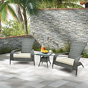 Tangkula 3-Piece Wicker Adirondack Set, Ergonomic Oversized Rattan Chairs w/Coffee Table, Comfy Seat Cushions, Tempered Glass Tabletop, Patio Wicker Conversation Set for Porch (Wicker, 3-pc)