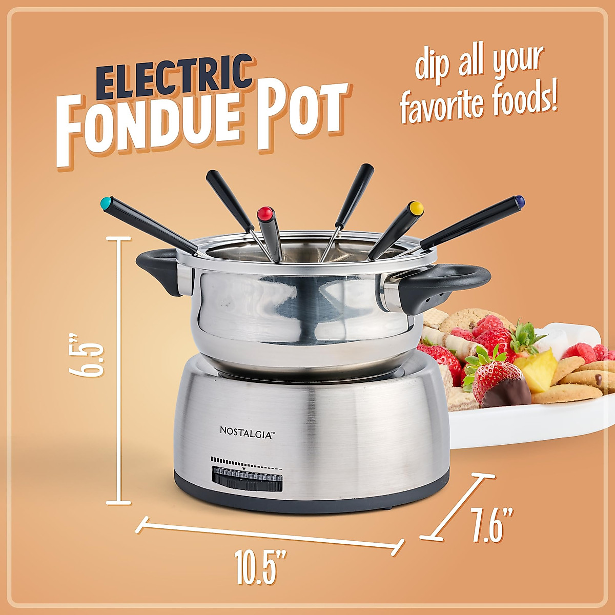 Nostalgia 6-Cup Stainless Steel Electric Fondue Pot Set with Temperature Control, 6 Color-Coded Forks, and Removable Pot - Fondue Pot for Chocolate, Candy Melts, Caramel, Cheese, Sauces, and More
