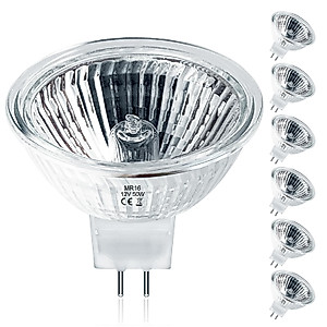 Jaenmsa MR16 Halogen Bulbs 50W,6 Pack 12V 50W MR16 Light Halogen Bulbs 2 Pin GU5.3 Base Dimmable with Clear Glass Cover,High Output 2700K Warm White MR16 Light Bulb for Landscape Lights, Track Lights