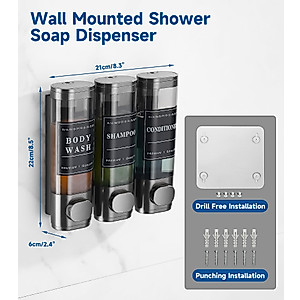 Cabo Deseado Shower Soap Dispenser Wall Mounted No Drill Shampoo Dispenser for Shower Wall Shampoo and Conditioner Dispenser Bathroom Hotel 3 * 300ml Gungray with Labels