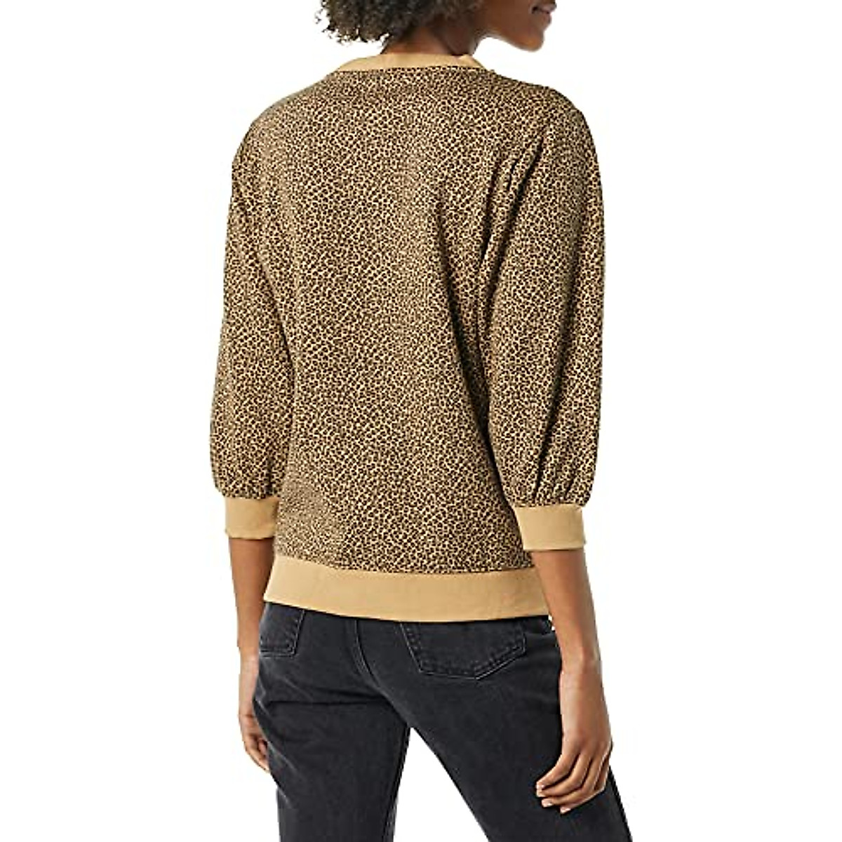 Amazon Essentials Women's French Terry Fleece Sleeve Detail Crewneck Sweatshirt, Camel Cheetah, Large
