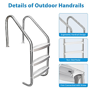Pool Ladder, 3 Step In-Ground Swimming Pool Step, Stainless Steel Pool Ladder Step for Indoor/Outdoor Pool, Heavy Duty Non-Slip Inground Ladder, Easy Assembly