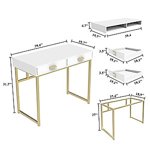 NTReasy Vanity Desk with 2 Drawers, 39 inch Modern Home Office Computer Desk, Makeup Dressing Writing Desks with Storage for Study Bedroom (White and Gold)