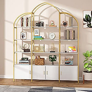 Semoic Triple Wide 5-Tier Gold Bookshelf, 70.87" L x 86.61" H Extra Bookcase with Storage Cabinet, Modern Etagere Bookcase Tall Open Display Shelf for Home Office, Gold&White