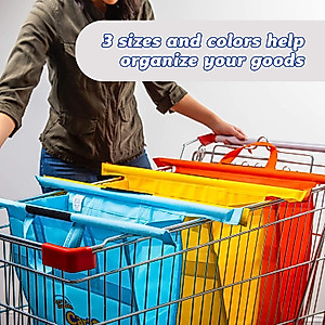 Scrub Daddy Cart Daddy Reusable Grocery Bags - 2 Large Orange & Yellow Cart Bags for Bulky, Light Items + 1 Small Blue Cart Organizer Tote for Heavy, Fragile Items - Foldable, Washable & Expandable