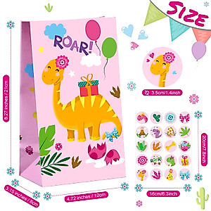 24 Pieces Dinosaur Party Bags Dino Candy Favor Bags with Stickers Pink Goodie Treat Gift Bags for Kids Girls Dinosaur Birthday Party Supplies Decorations