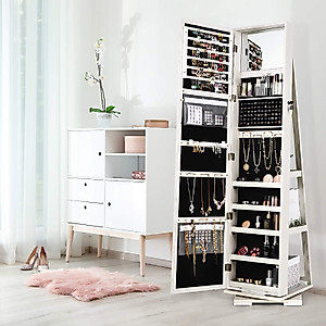 CHARMAID 360° Swivel Jewelry Armoire with Higher Full Length Mirror & Inside Makeup Mirror, Standing Lockable Jewelry Cabinet Organizer, Large Capacity, Back Storage Shelves (Grayish White)