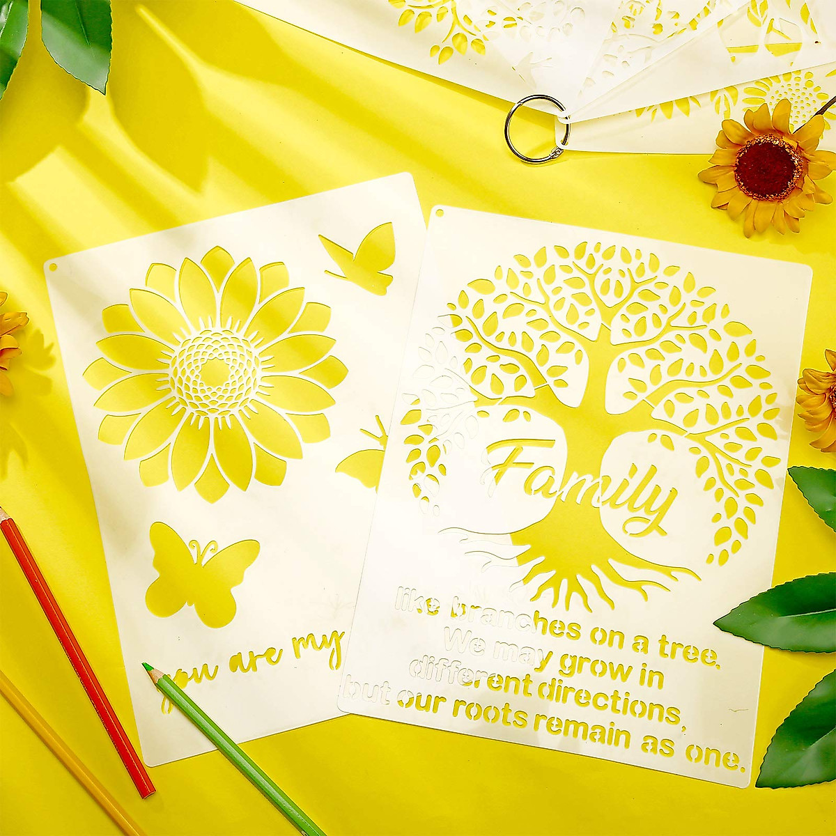 6 Pieces Sunflower Stencil Kit, Reusable Family Tree Stencil Flower Butterfly Painting Templates You are My Sunshine Stencil with Metal Open Ring for Painting on Wood Wall Decor