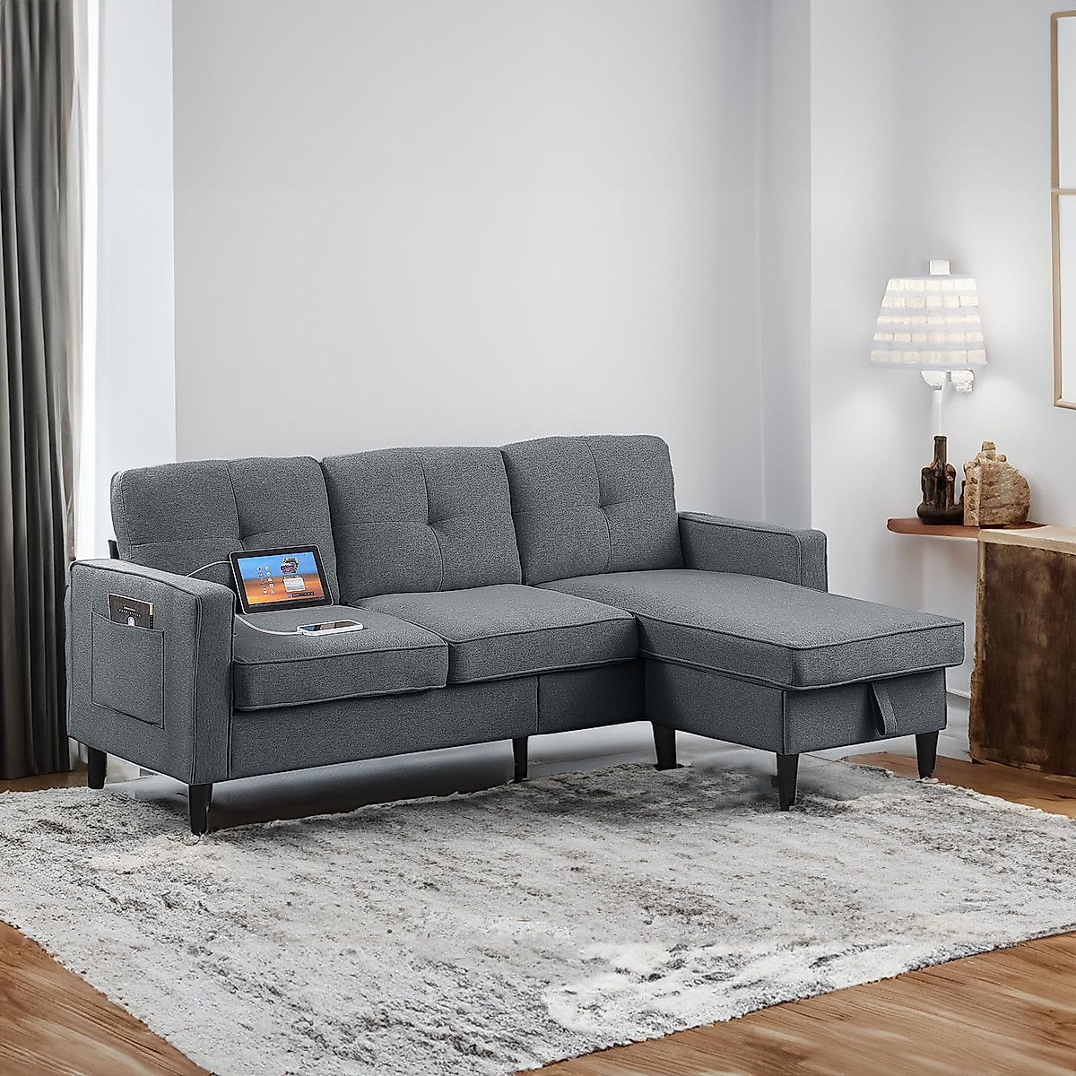Uoobmope 78" L Shaped Sectional Couch, 3-Seat Sectional Sofa w/Movable Storage Ottoman & USB, Upholstered Linen sofa w/Reversible Chaise Lounge for Apartment,Compact/Small Spaces-Dark Grey