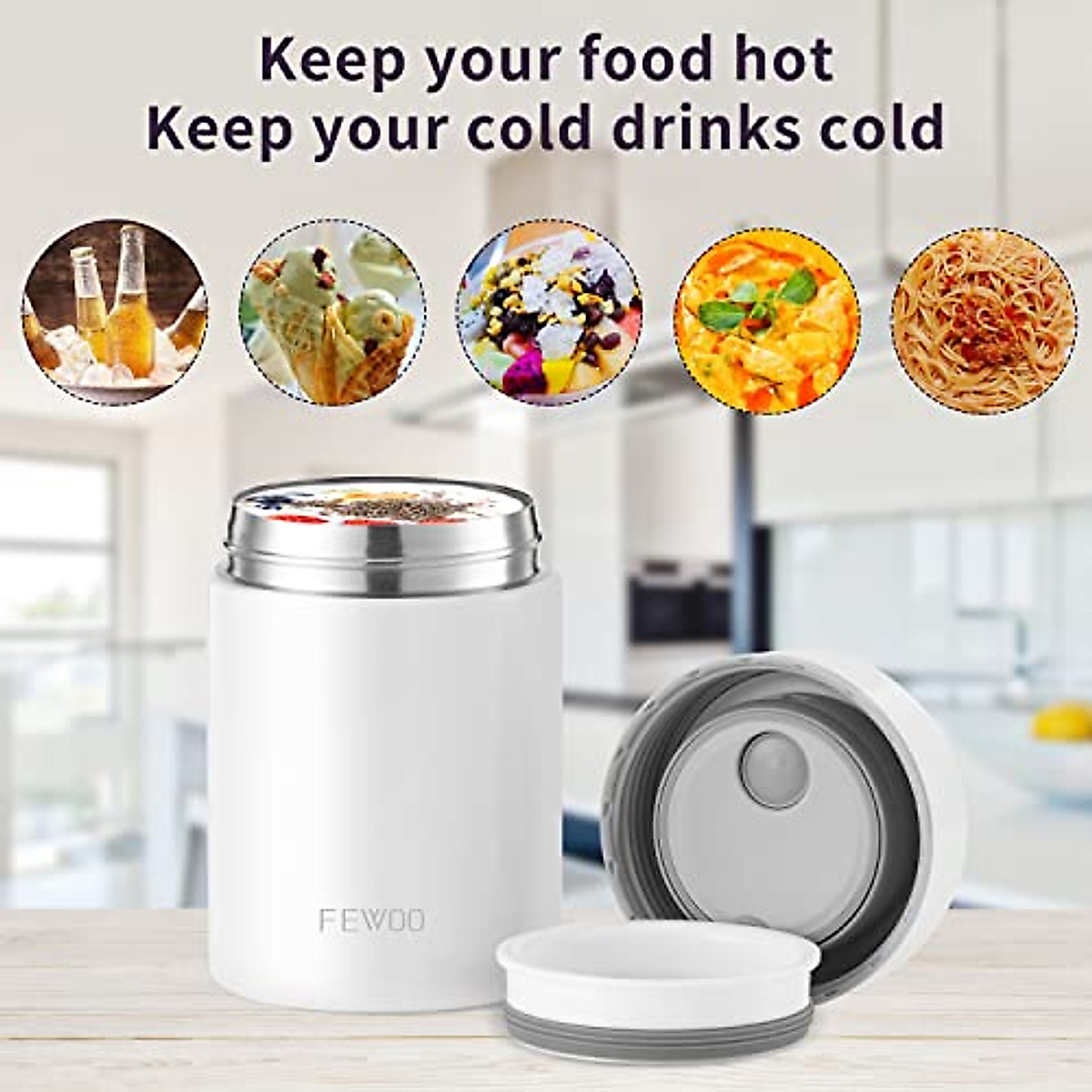 FEWOO Soup Thermos,Food Container for Hot Cold Food, Vacuum Insulated Stainless Steel Lunch Box for Kids Adult,Leak Proof Food Jar for School Office Picnic Travel Outdoors (White 13.5oz)