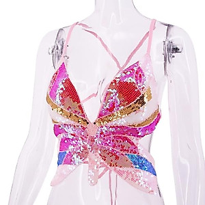 Haoohu Women's Sparkle Butterfly Sequin Crop Top Rave Party Top Shirts