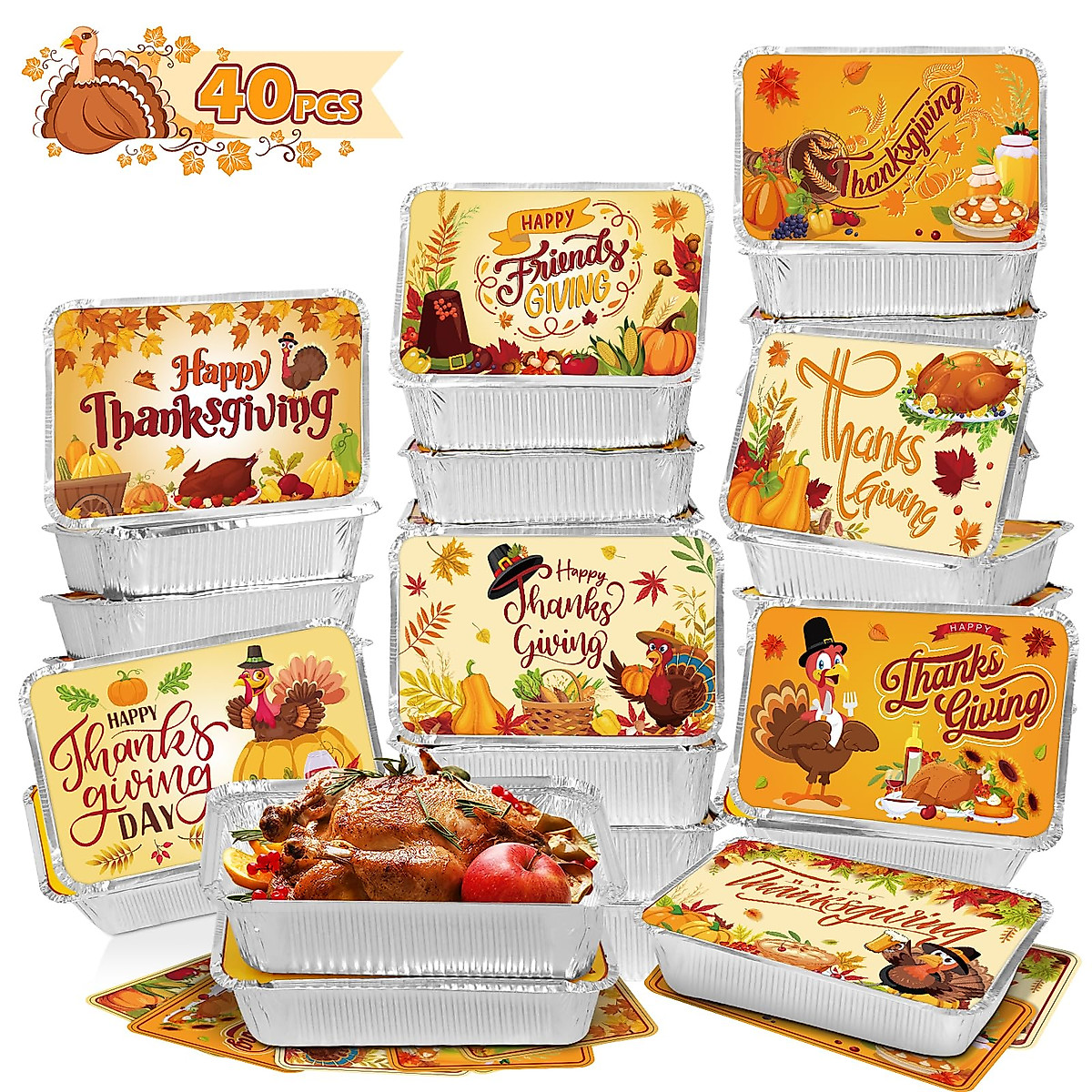 40 PCS Thanksgiving Leftover Containers with Lids,8 Designs Thanksgiving Aluminum To Go Containers Disposable Food Storage Pans for Thanksgiving Hosting & Cookie Exchange Thanksgiving Party Supplies