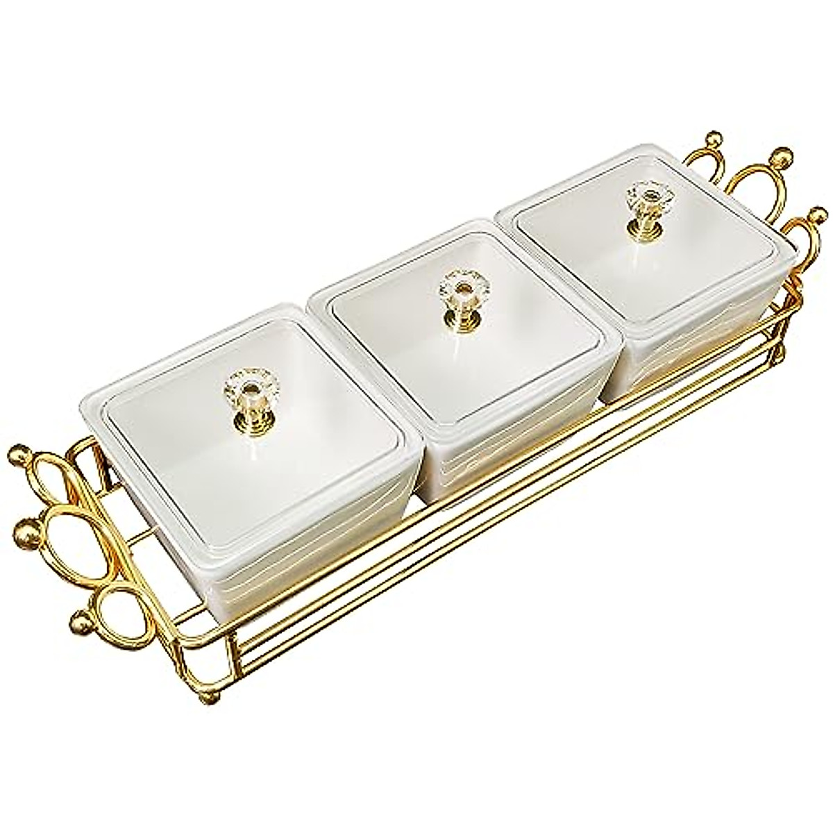 YA JU Ceramic small Snack bowl With Cover Metal Tray, 3 Removable dip bowls are used For Snack, potato chips, fruits, candies, and condiments - Perfect for birthday, parties, Holiday, gift