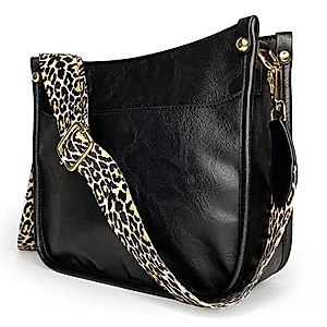 KOGTLA Women's Crossbody Shoulder Bag with Leopard Guitar Strap,Vegan Leather Purse Handbag Bucket Tote Bag Black