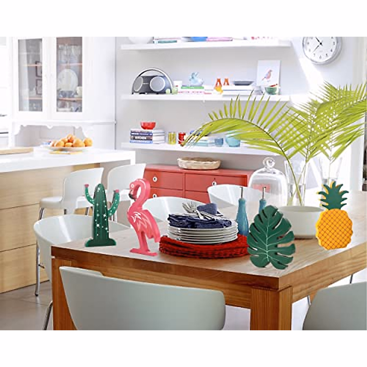 Summer Wooden Signs Hawaii Luau Party Wooden Blocks Summer Home Decorations Tropical Cactus Flamingo Pineapple Monstera Wood Table Centerpiece for Summer Home Table Luau Party, 4 PCS