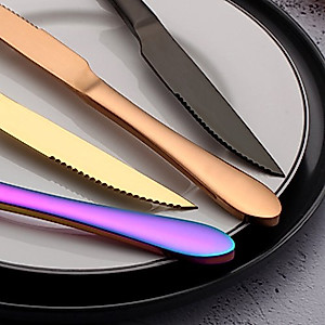 HOMQUEN Gold Steak Knife Set, Stainless Steel and Durable Comfortable Grip Handle, Mirror Polish and Gold Titanium Plated, for Pizza or Steak (Gold, Set of 6)