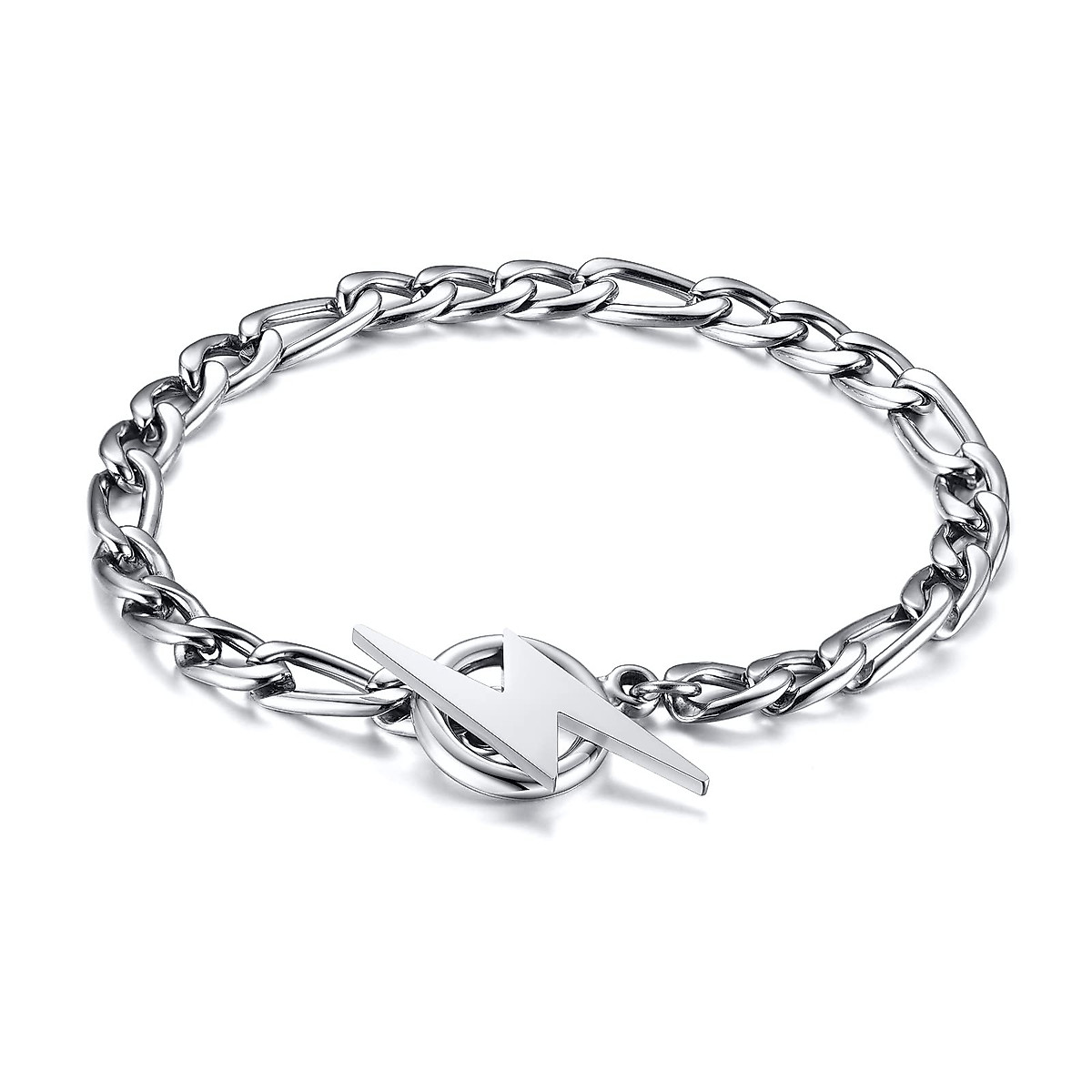 Hisatan Unisex Lightning Bolt Charm Bracelet | Stainless Steel Lightning Flash Thunder Figaro Chain Bracelet for Men Women