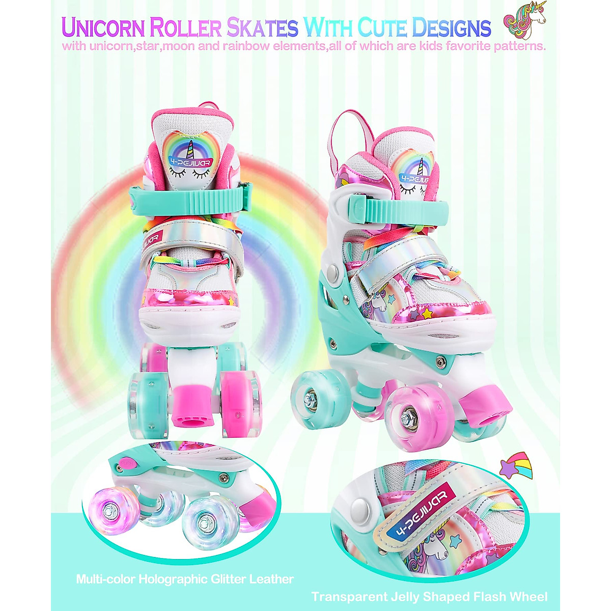 Rainbow Unicorn Kids Roller Skates for Girls Boys Toddler Ages 3-6,4-Pejiijar Adjustable Roller Shoes with Luminous Wheels for Birthday Xmas Gifts (Green, Small(10-13J))
