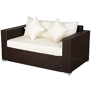 Outsunny Patio Outdoor Sofa, PE Rattan Wicker Loveseat, Outdoor Couch with 2 Throw Pillows & Comfortable Cushions, Cream White
