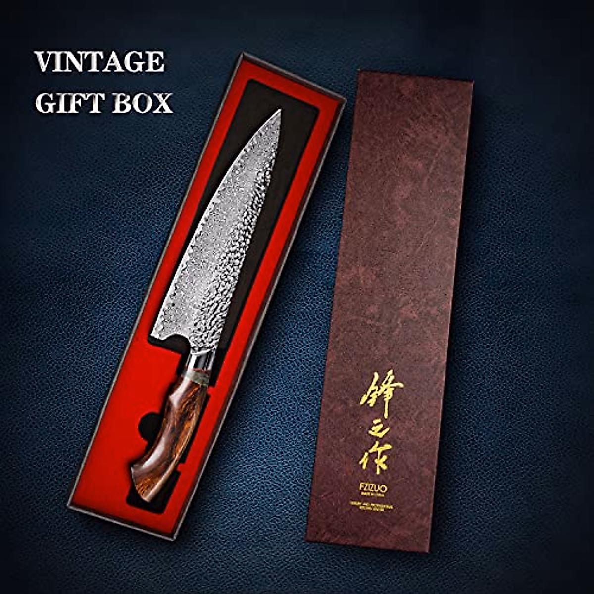 FZIZUO 8 inch damascus steel japanese chef knife,professional handmade desert Ironwood stabilized wood handle with sheath,cooking knives in home or restaurant kitchen