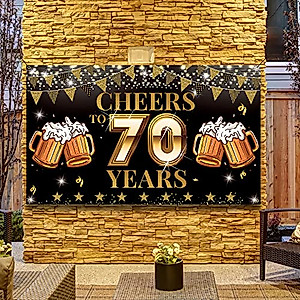 70th Birthday Decorations Banner for Men Women, Cheers To 70 Years Birthday Party Sign, 70 Years Old Birthday Backdrop, Black Gold 70th Anniversary Photo Props for Outdoor Indoor, Large, Vicycaty