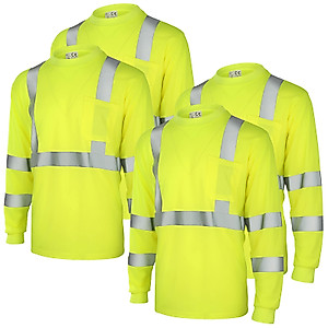 Amylove 4 Pcs Long Sleeve Reflective Safety T Shirt High Visibility Safety Shirts with Reflective Strips Men Women (Yellow,L)
