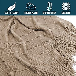 PAVILIA Tan Taupe Knit Throw Blanket Couch, Soft Knitted Boho Farmhouse Home Decor Woven Throw, Cozy Decorative Afghan Bed Sofa, Outdoor Summer Fall Gift Lightweight, Neutral Beige Camel Brown, 50x60