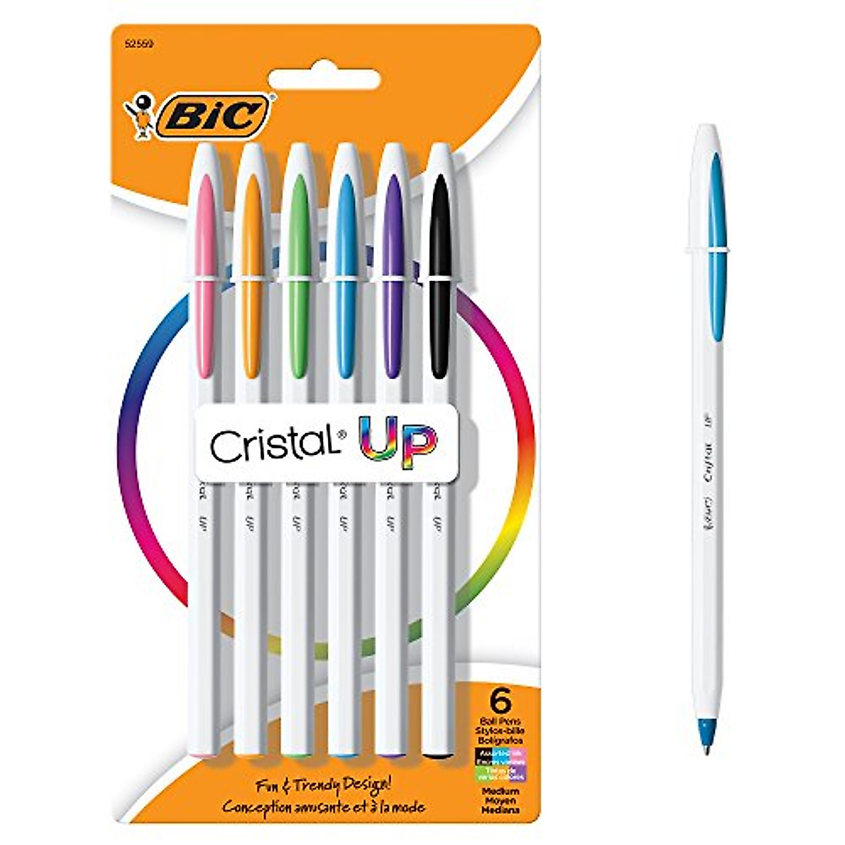 BIC Cristal Up Ballpoint Pen, Medium Point (1.2mm) Distributes Ink Evenly, Assorted Colors, 6-Count