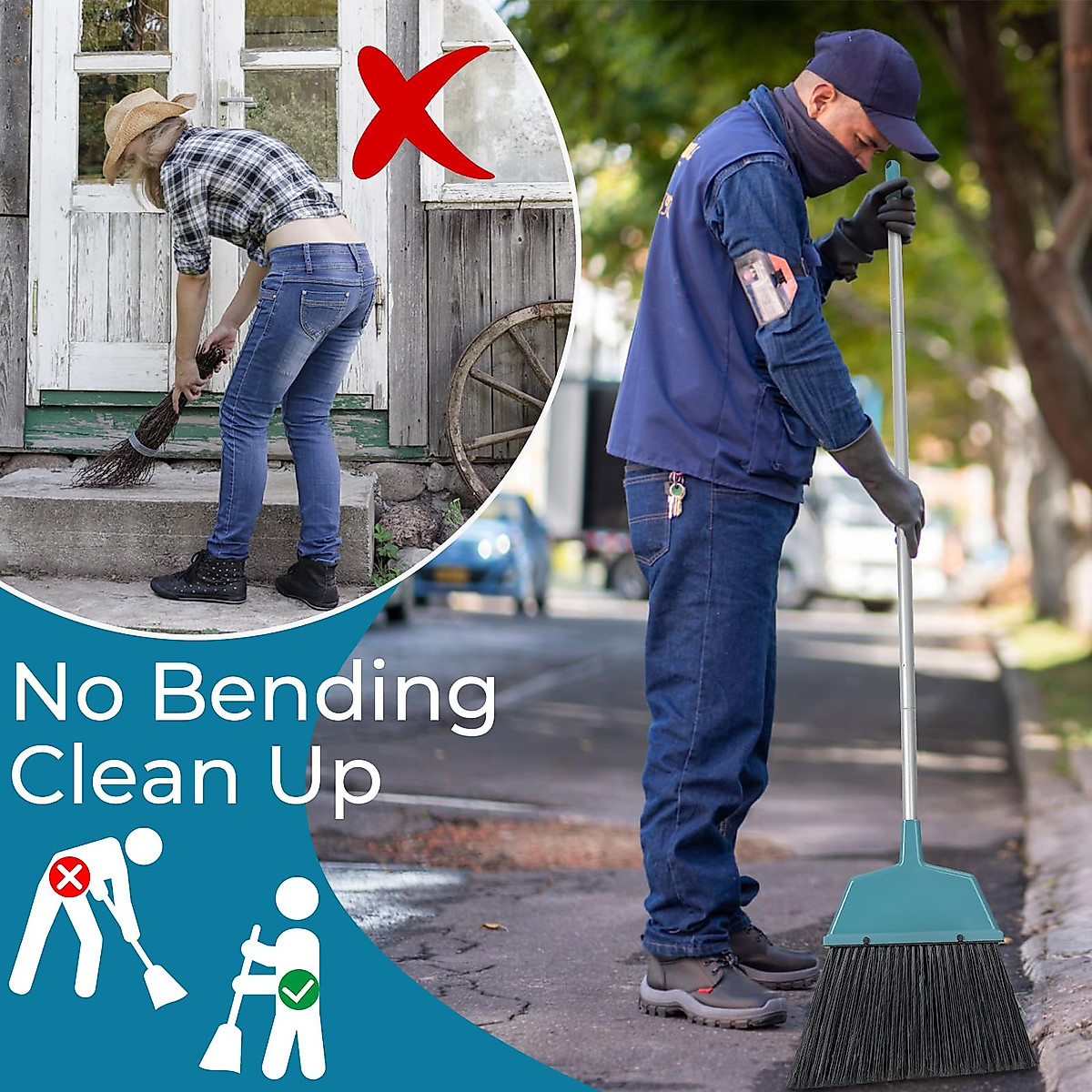 Long Stiff Bristle Brooms for Sweeping Indoors, Angle Brooms with 58" Long Handles Heavy Duty Soft Bristle Brooms, Kitchen Brooms for Shop Office Lobby