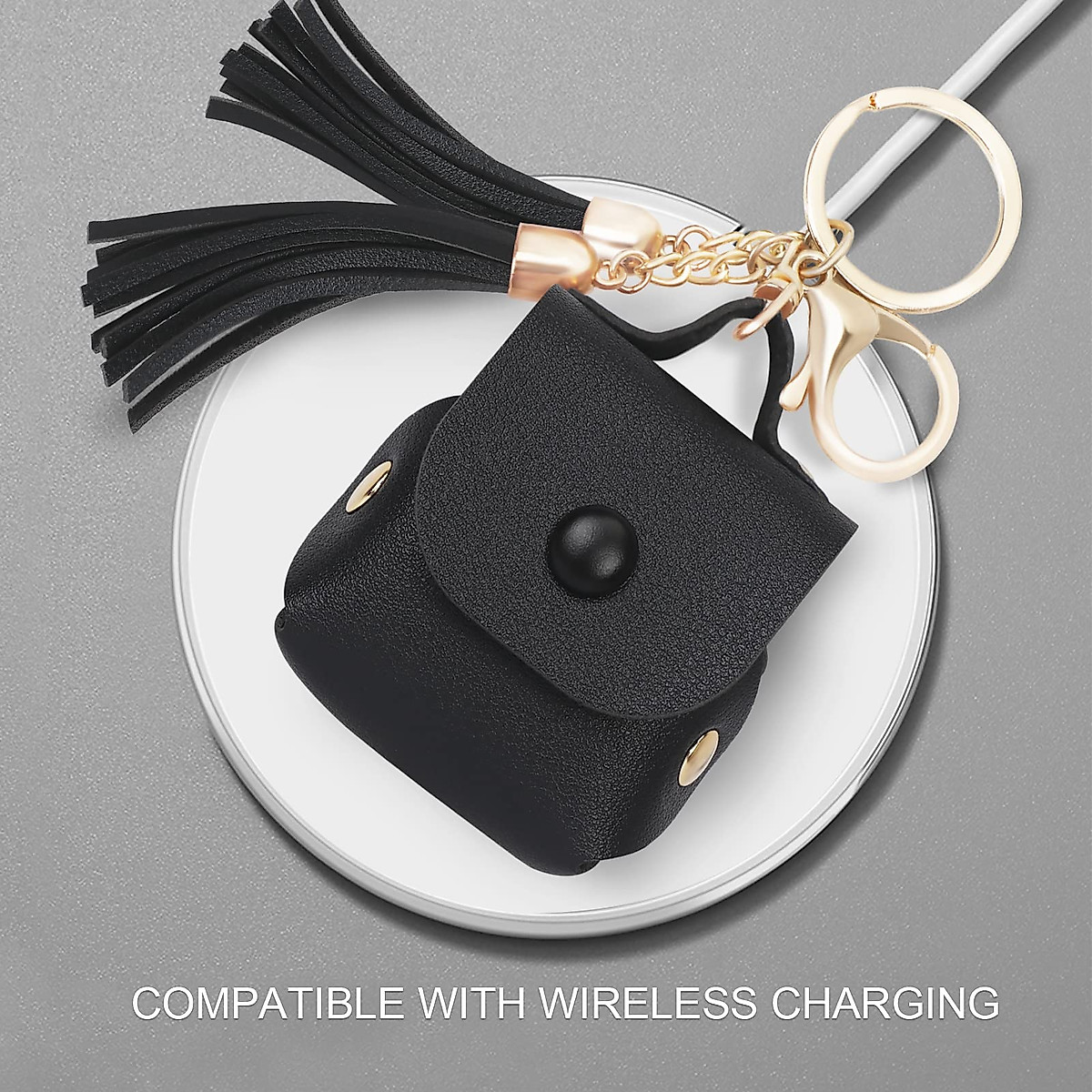 Simpolor Designed for Airpods Case (1st and 2nd Generation), Premium PU Leather AirPods Case Cover with Tassels and Metal Buckles, Compatible with Wireless Charging Cute Airpod Pouch Case, Black