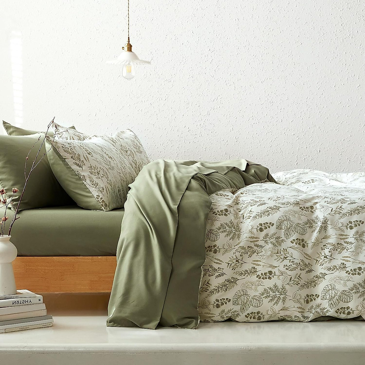 Bildenly Floral Duvet Cover Set King Size Reversible Olive Green Botanical Flower Bedding Set 3 Pieces Vintage Flower Aesthetic Soft Lightweight Comforter Cover Set for Women Girls with 2 Pillowcases