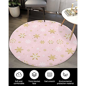 Blush Pink Snowflake Fluffy Round Area Rug Carpets 3.3ft, Plush Shaggy Carpet Soft Circular Rugs, Non-Slip Fuzzy Accent Floor Mat for Living Room Bedroom Nursery Merry Christmas Romantic Gold White