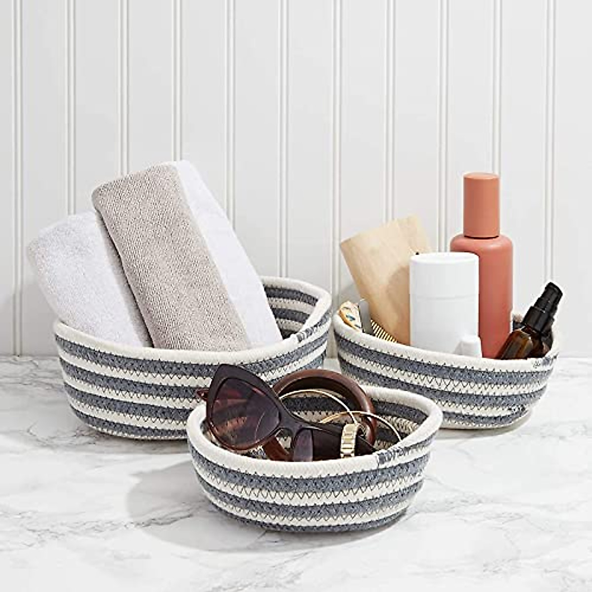 Woven Baskets for Storage, Grey Striped Round Basket (3 Sizes, 3 Pack)