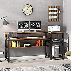 soges 62 Inch Computer Desk with Elevated Monitor Shelf, Home Office Desk with Storage Shelves, CPU Stand, Study Writing Table Workstation with Printer Stand