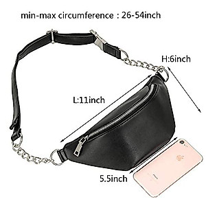 BigBigMe Fanny Pack for Women, Fashion Leather Waist Bag Belt Bag with Adjustable Strap Crossbody bag Chest Bag Phone Purse with Metalic Chain, Gifts for Women, Black