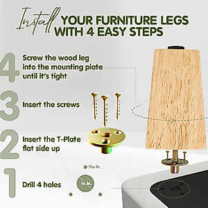 Yes4All 4.5 Inches Square Wood Furniture Legs Set of 4 - Wooden Replacement Feet for Couch, Bed, Bench - Adjustable Sofa, Ottomans Tapered Leg with Leveler - Nature Rubber Wood Parts for Table, Chair