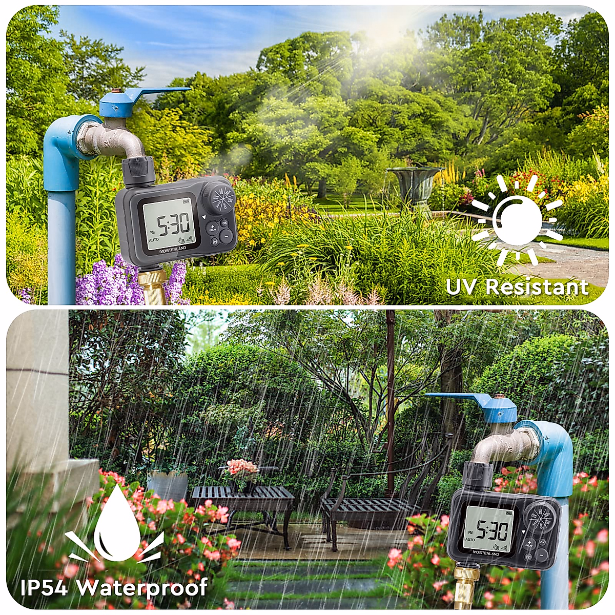 Moistenland Sprinkler Timer, Water Timer for Garden Hose, Water Hose Timer Outdoor, with Rain Delay/Manual/Automatic Watering System, IP54 Waterproof, 2.6 Inches Large Screen(1 Outlet)