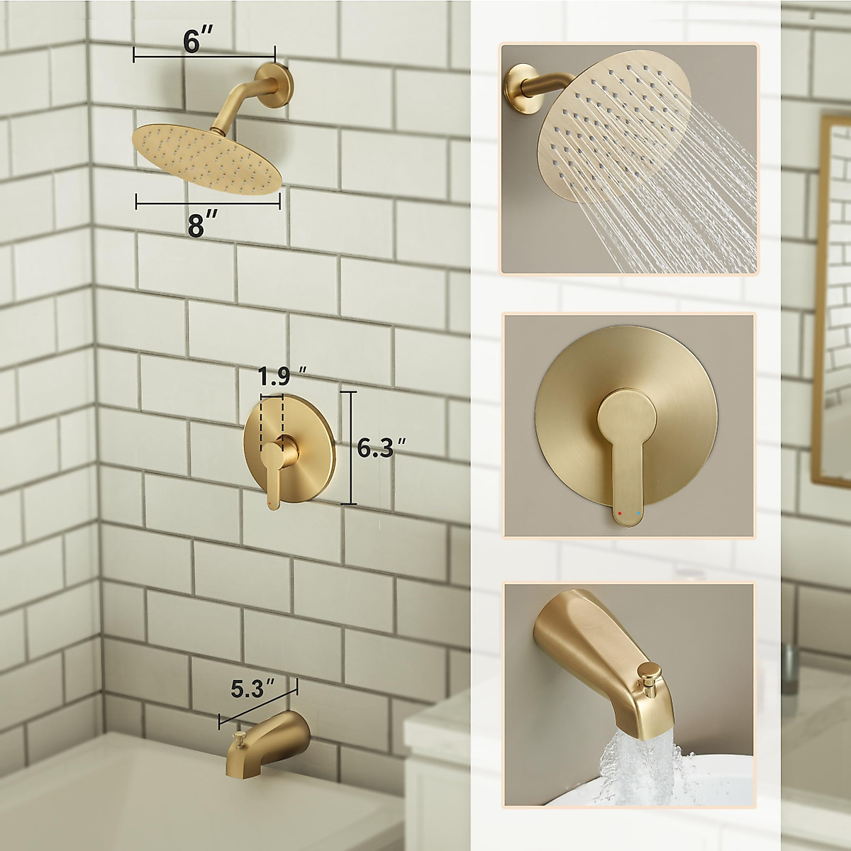 Holispa Tub Shower Faucet, Gold Shower Faucet Set with 8-Inch Rainfall Shower Head and Tub Spout, Shower Tub Faucet Set Complete (Included Shower Valve), Tub Shower Trim Kit, Gold