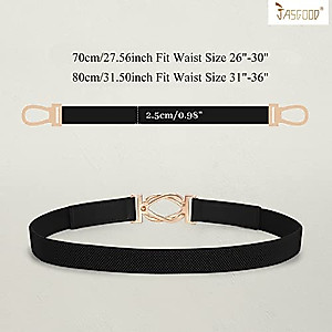 JASGOOD 2 Pack Women Skinny Elastic Belt for Dresses Thin Retro Stretch Ladies Waist Belt with Gold Buckle, A-Black+Brown, Fit Waist Size 31”-36”