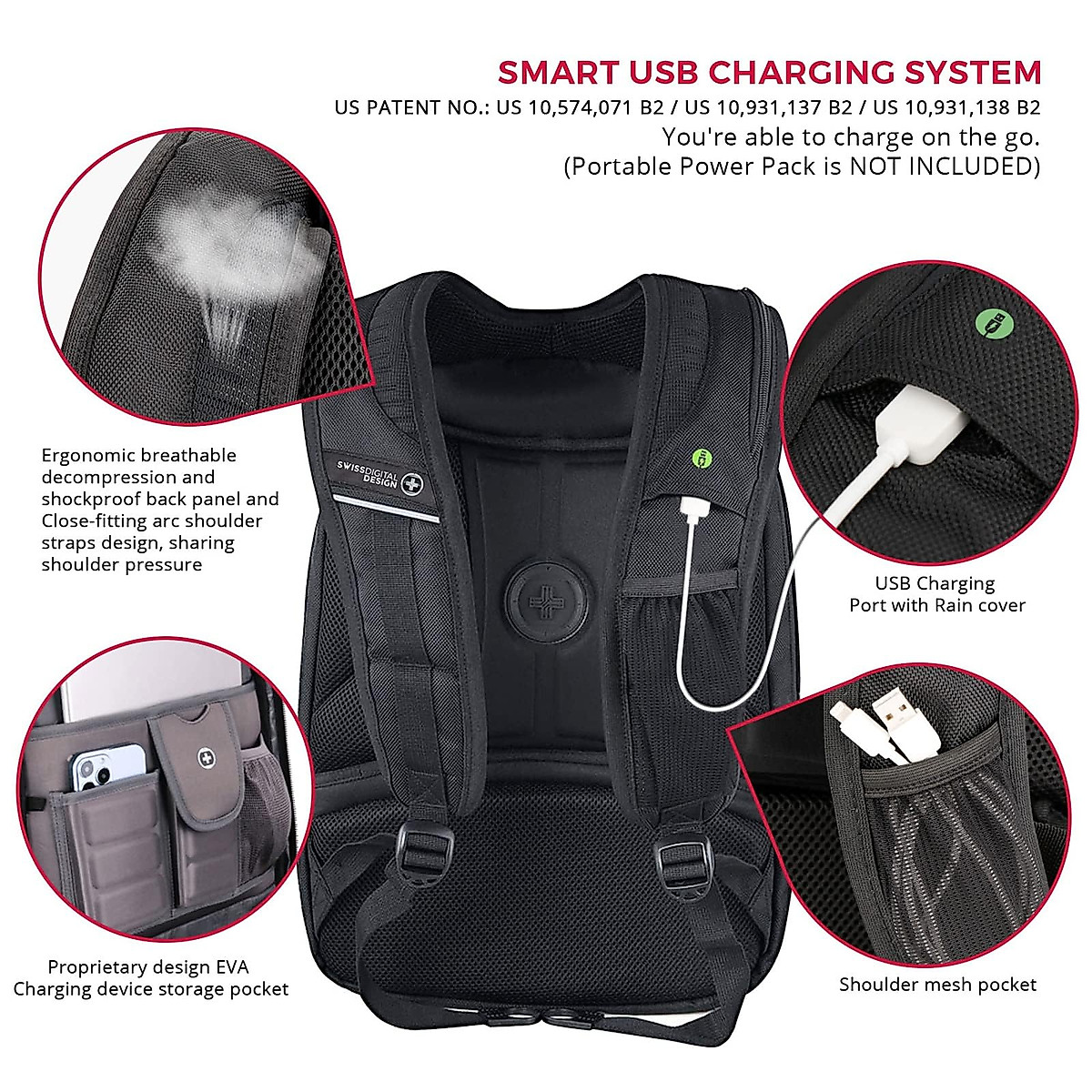 Swissdigital Design Terabyte TSA Laptop Backpack Men's USB Charging Port Large Capacity Business Travel Backpack Black（J16BTFB-41）| With Apple Find My Network
